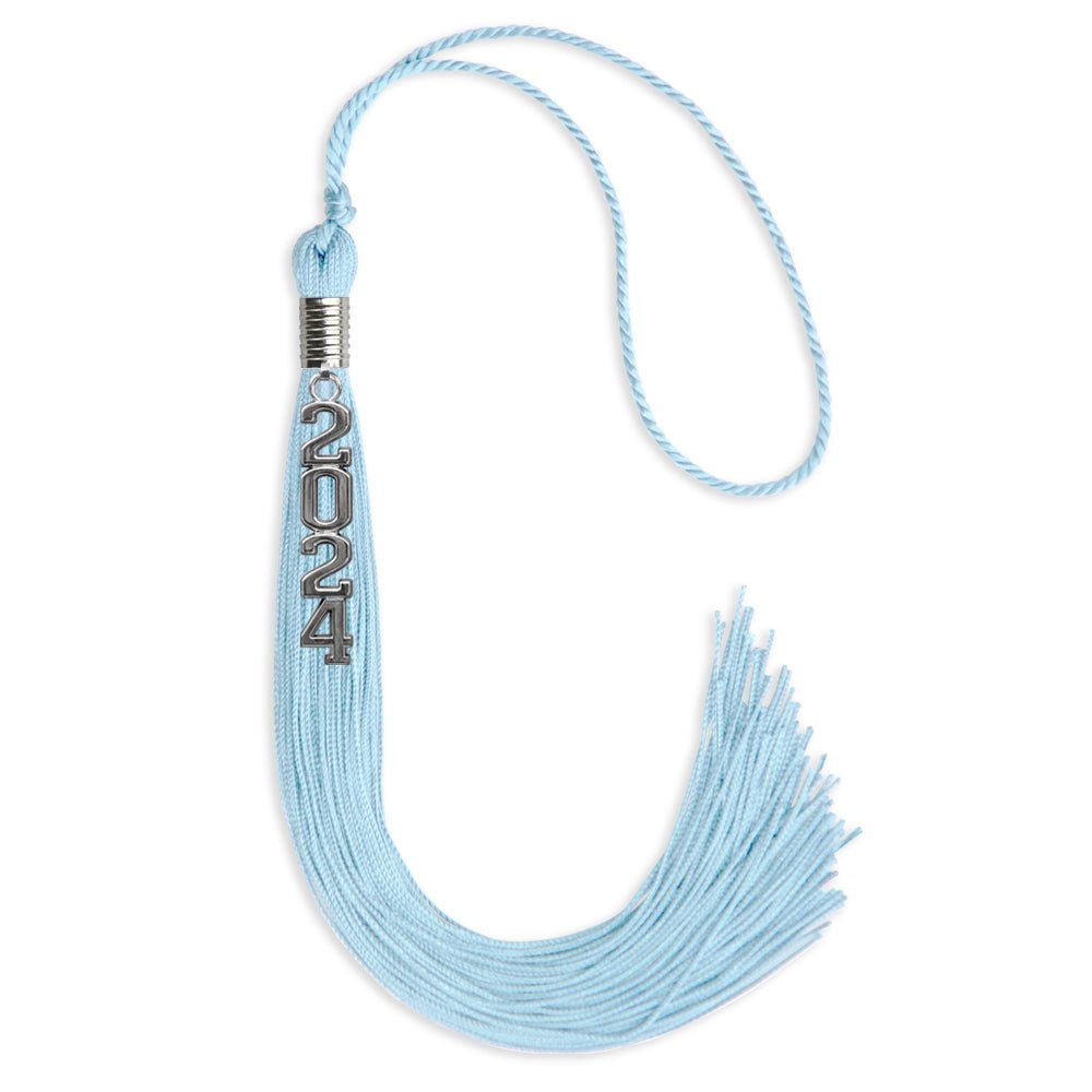 Light Blue Graduation Tassel With Silver Stacked Date Drop