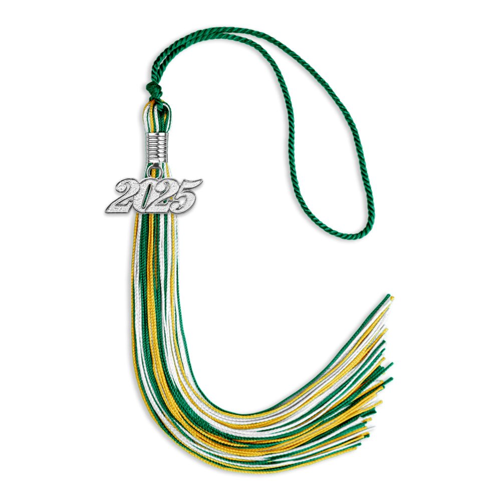 Green/Gold/White Mixed Color Graduation Tassel with Silver Date Drop