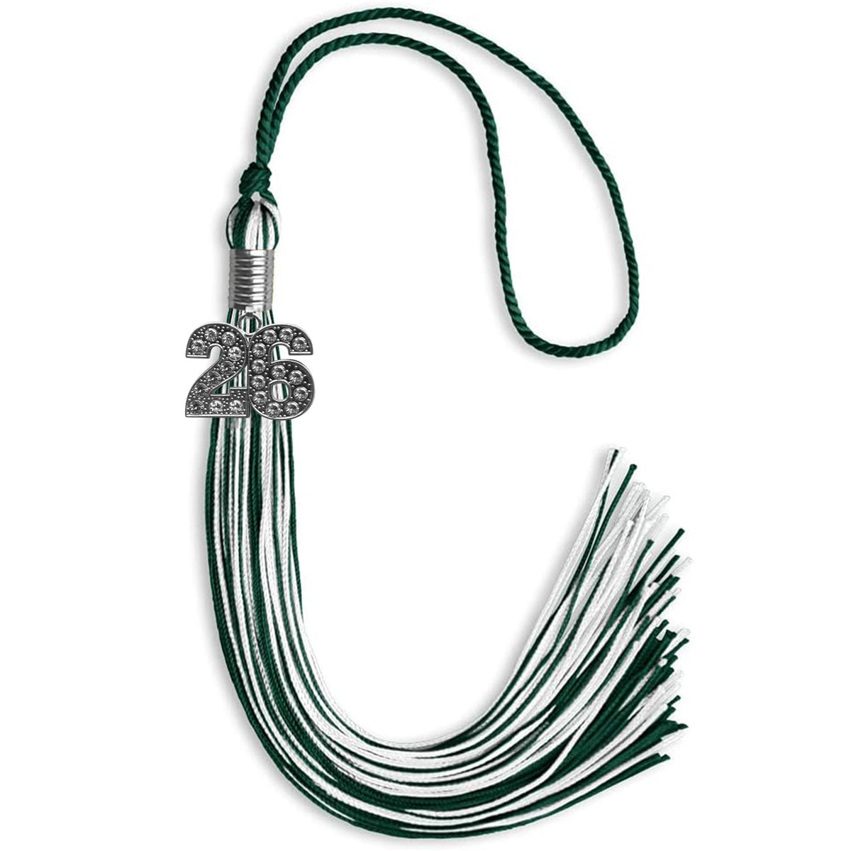 Hunter Green/White Mixed Color Graduation Tassel with Silver Date Drop